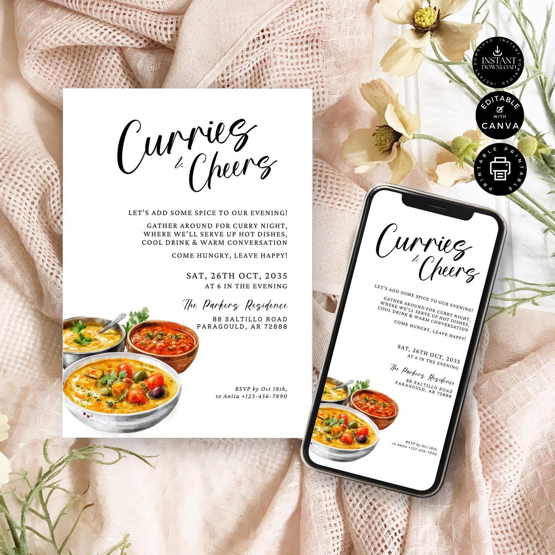 Curry Night Dinner Party Invitation Template, Curry and Cheers ...