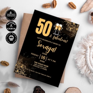 Modern Editable Champagne 50th Birthday Party Invitation, Cocktail ...