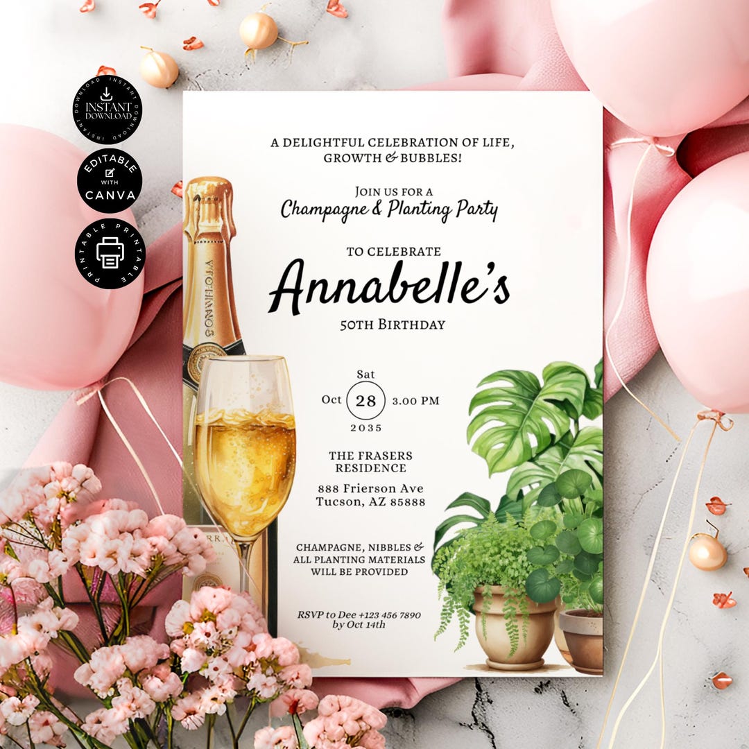Champagne Plant 50th Birthday Invitation, Dinner, Drinks & Dance Party ...