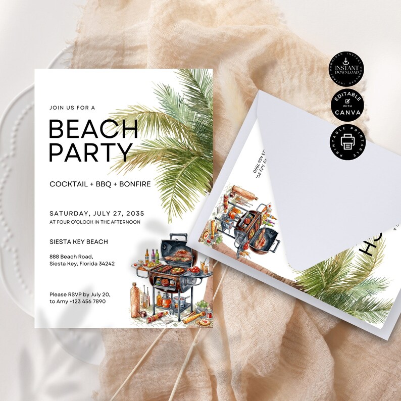 Beach Party Invitation Template, Gathering Party, Barbeque BBQ & Bon ...
