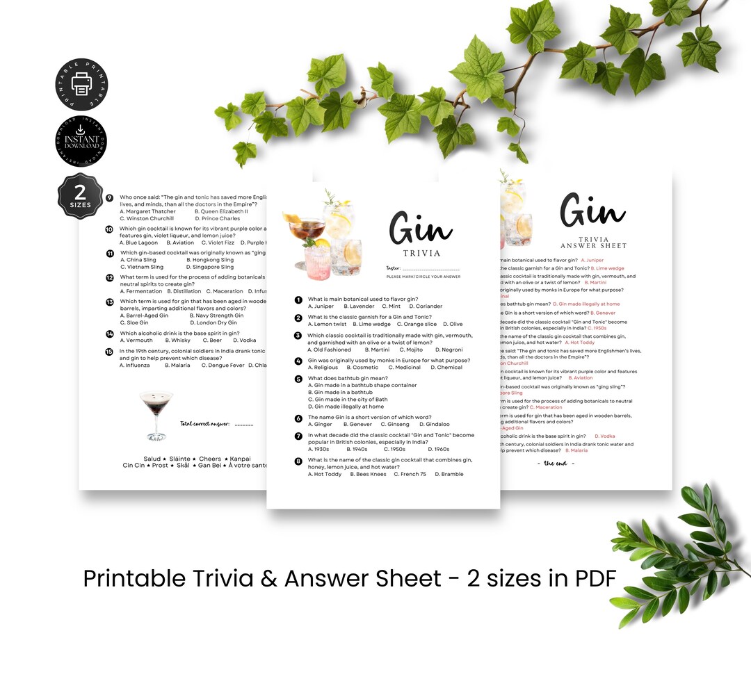 Gin Trivia Quiz & Answer, Gin Blind Tasting Night, Home Party, Gin ...