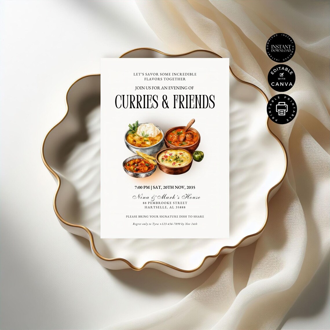 Curry Night Dinner Party Invitation Template, Curries and Friend ...