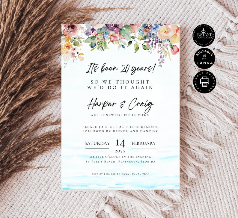 20th Wedding Anniversary Invite, Wedding Vow Renewal Invitation Card ...
