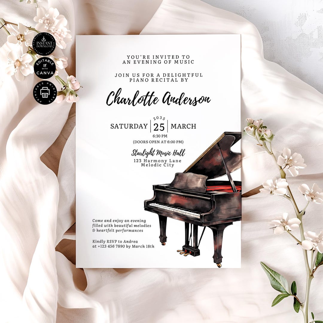 Elegant Piano Recital Invitation Template, Printable Musical Event ...