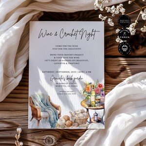 Wine and Crochet Night Party Invitation Template, Knit, Yarn, Red Wine ...