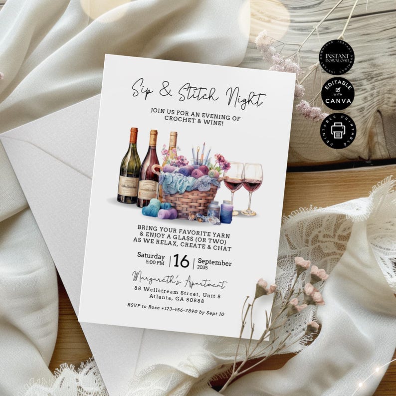 Sip and Stitch Night Party Invitation Template, Crochet, Knit, Yarn ...