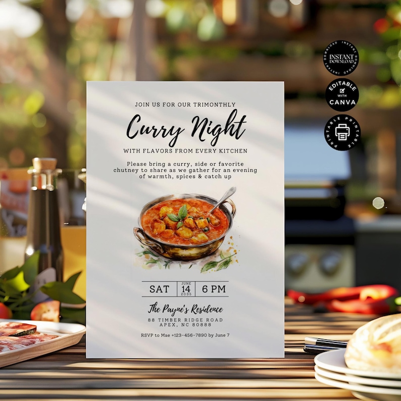 Modèle d'invitation à une soirée dîner au curry, réunion trimestrielle ...