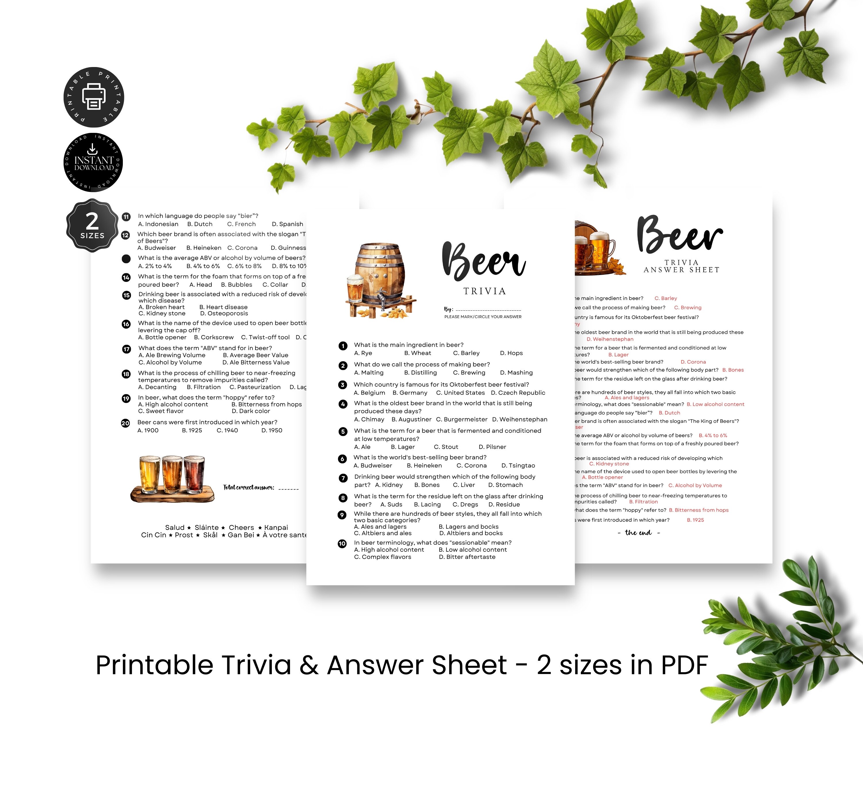 Beer Trivia Quiz: Printable Game for Parties (PDF) P18h - Etsy