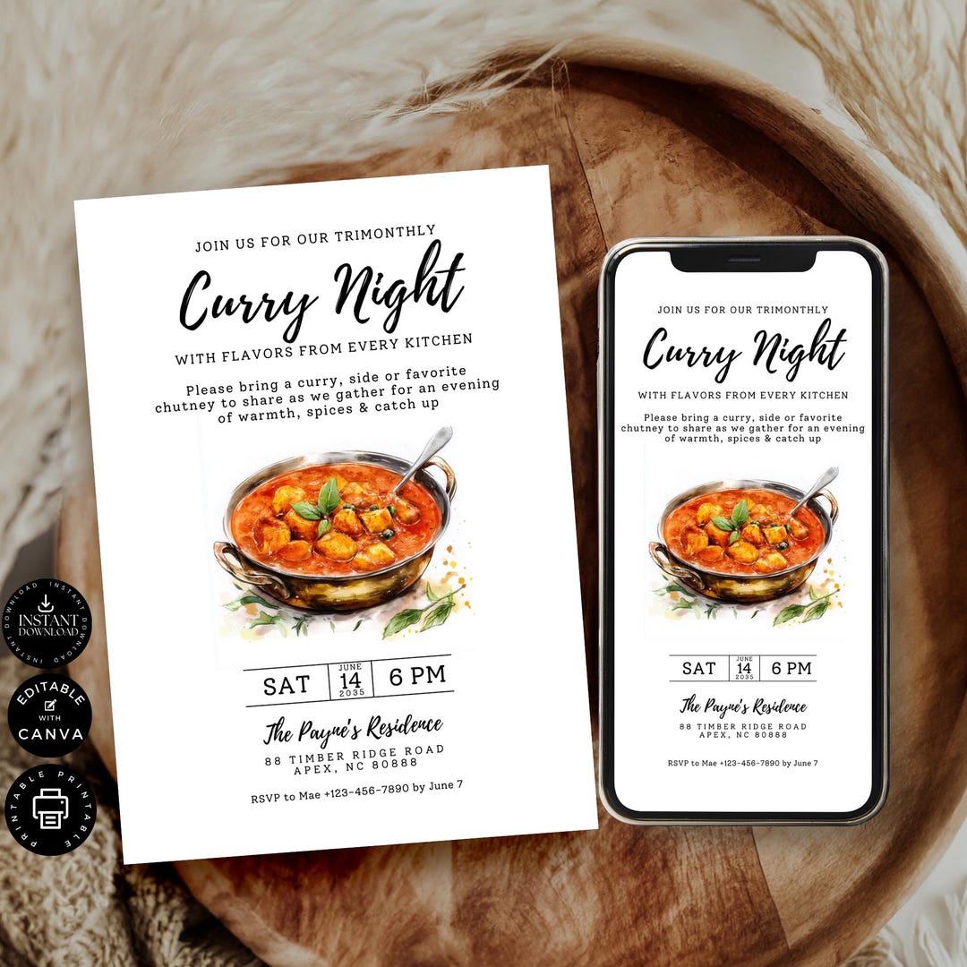 Curry Night Dinner Party Invitation Template, Trimonthly Gathering ...