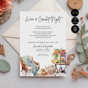 Wine and Crochet Night Party Invitation Template, Knit, Yarn, Red Wine ...