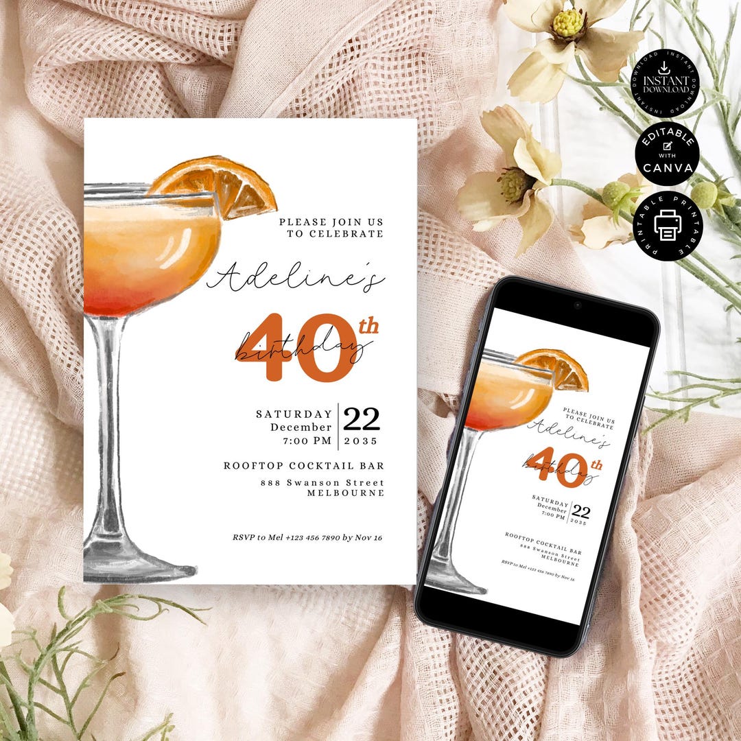 Modern Editable Cocktail Birthday Party Invitation, 40th Adult ...