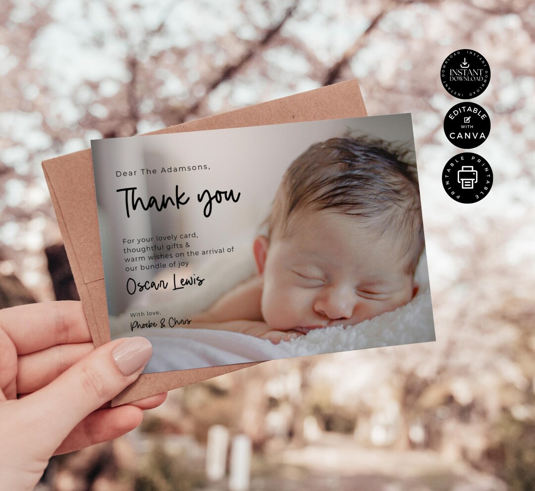 Newborn Thank You Card Template, Photo Welcome Card New Baby Boy ...