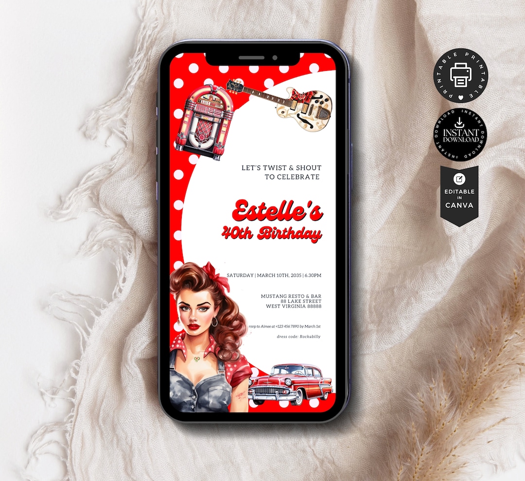 Modern Retro Rockabilly Birthday Party Invitation Template, 1950s Theme ...