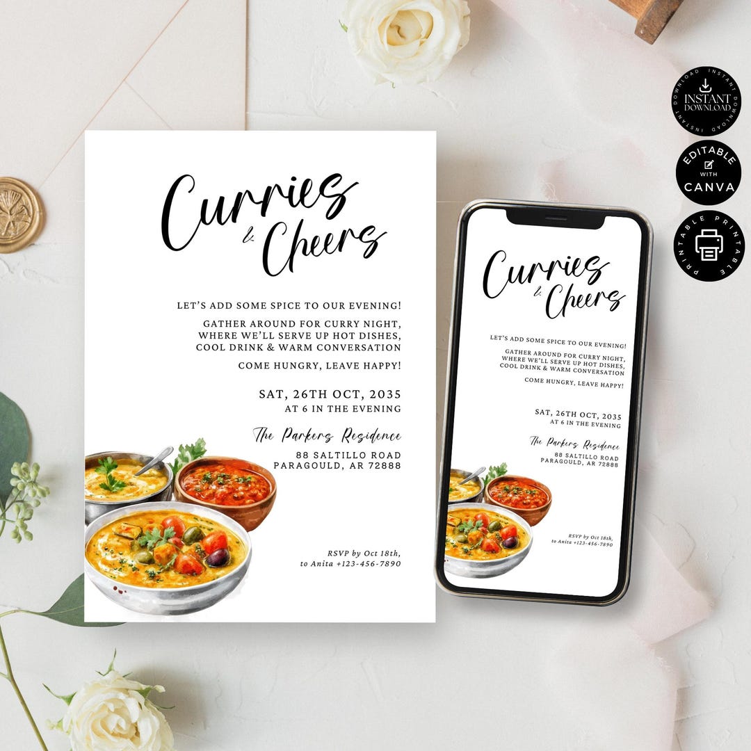 Curry Night Dinner Party Invitation Template, Curry and Cheers ...