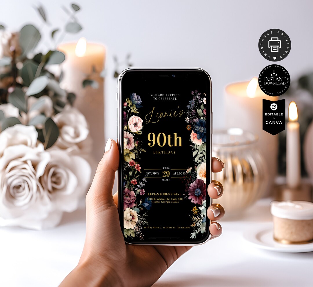 Modern Editable Moody Floral Birthday Party Invitation, 80th Evite ...