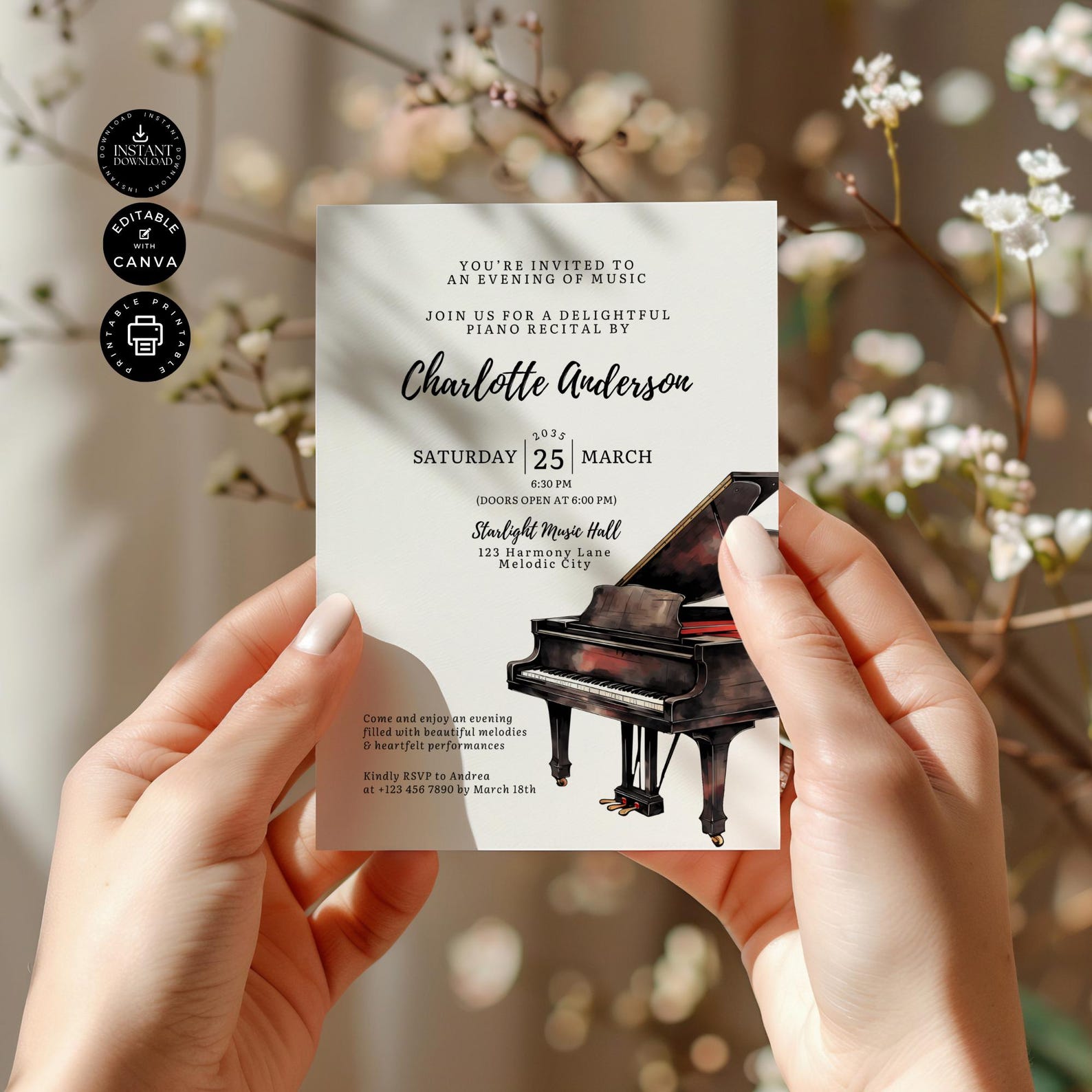 Elegant Piano Recital Invitation Template, Printable Musical Event ...