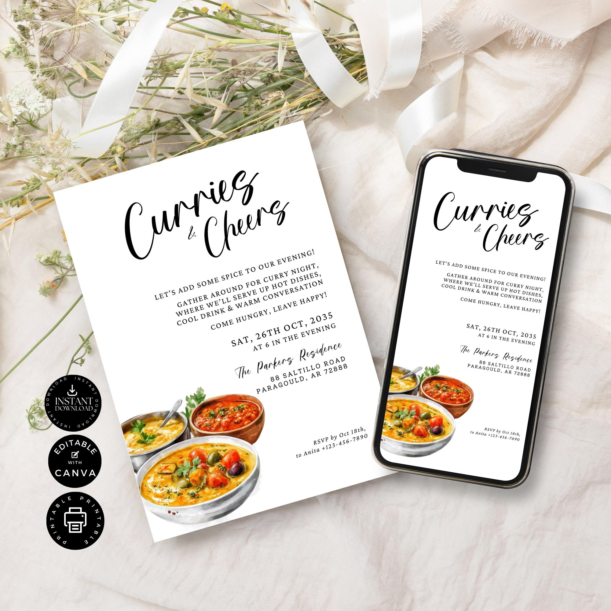Curry Night Dinner Party Invitation Template, Curry and Cheers ...