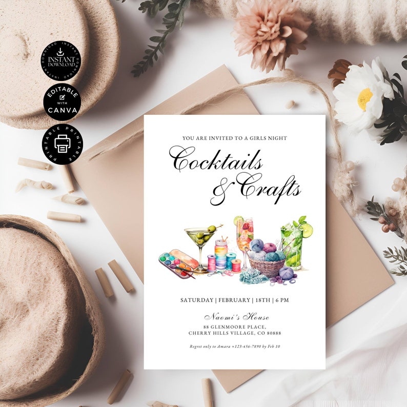 Cocktails & Crafts Party Invitation Template, Gathering Party, Girls Night Invite Card, Editable ...