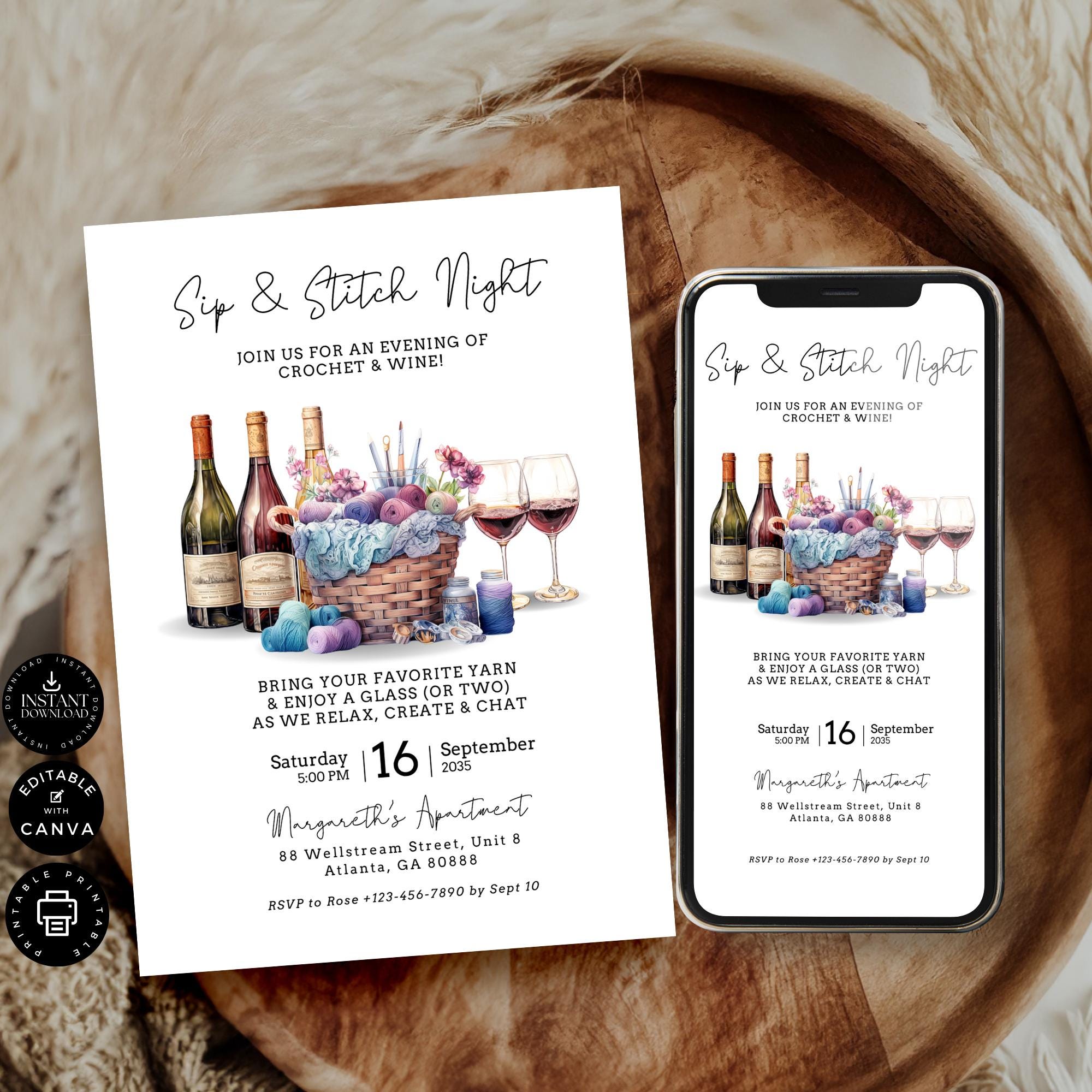 Sip and Stitch Night Party Invitation Template, Crochet, Knit Yarn ...