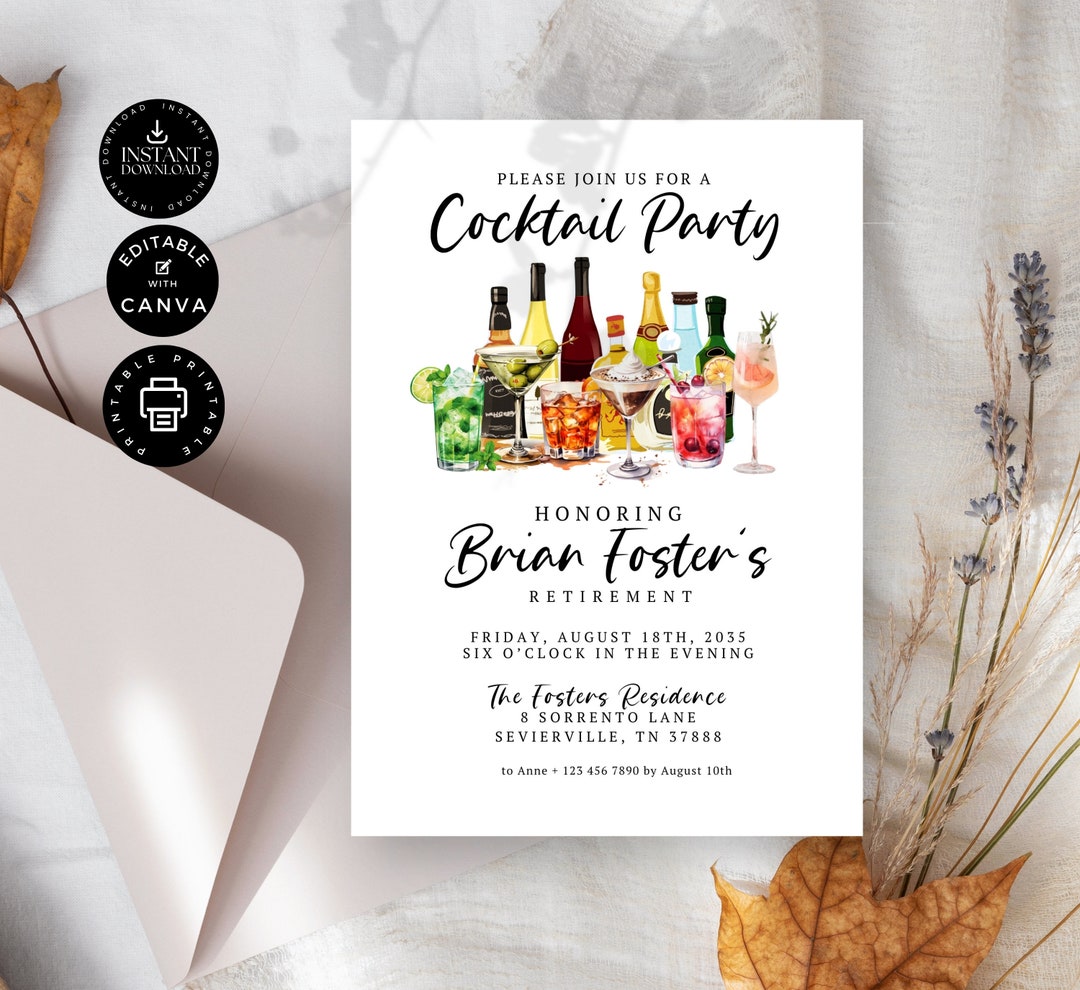 Retirement Cocktail Party Invitation Template, Minimal Retire ...