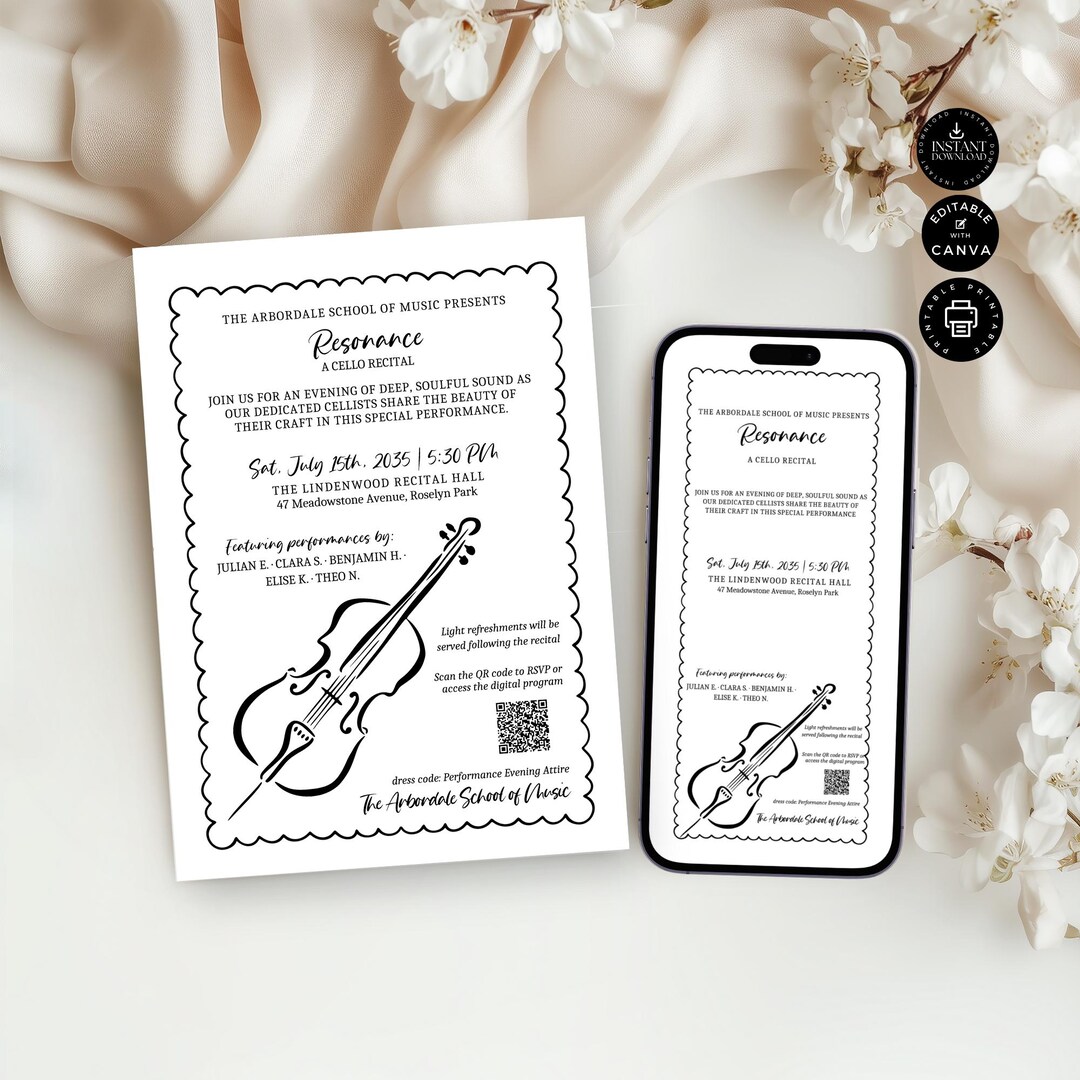 Cello Recital Invitation & Evite Template, Printable, Musical Event E ...