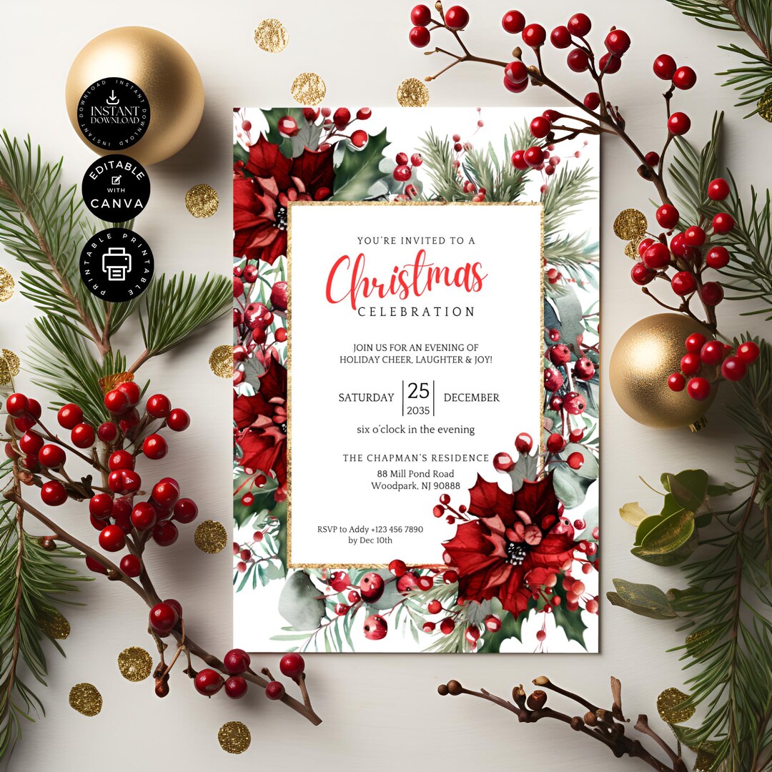 Editable Christmas Party Invitation Template, Dinner Festive, Family ...