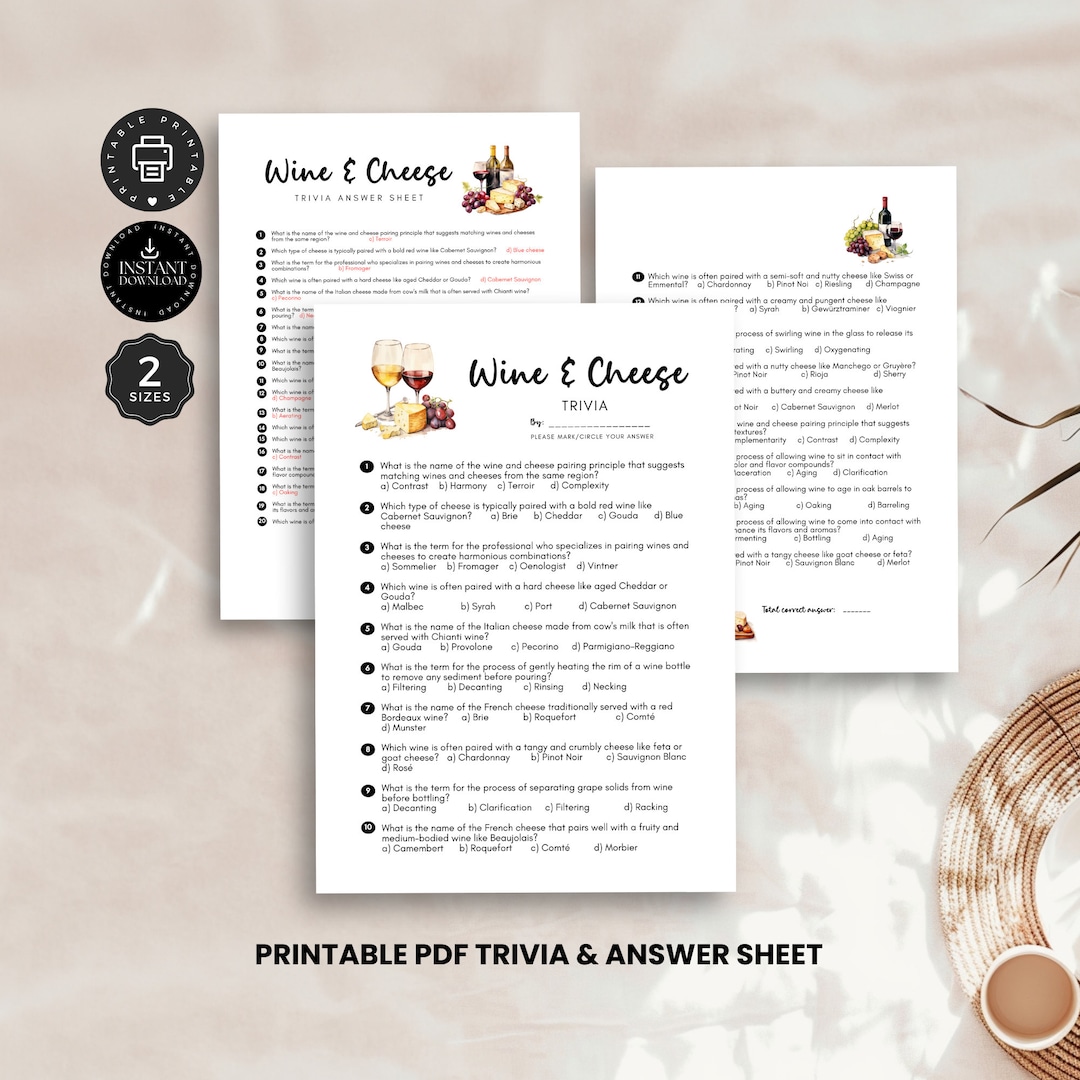 Wine and Cheese Trivia Quiz & Answer, Wine Cheese Tasting Night, Home ...