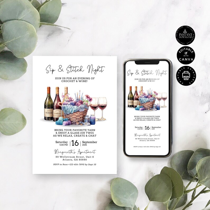 Sip and Stitch Night Party Invitation Template, Crochet, Knit Yarn ...