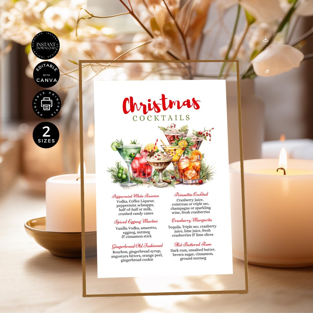 Editable Christmas Bar Menu Sign Template, Holiday Cocktail Bar ...