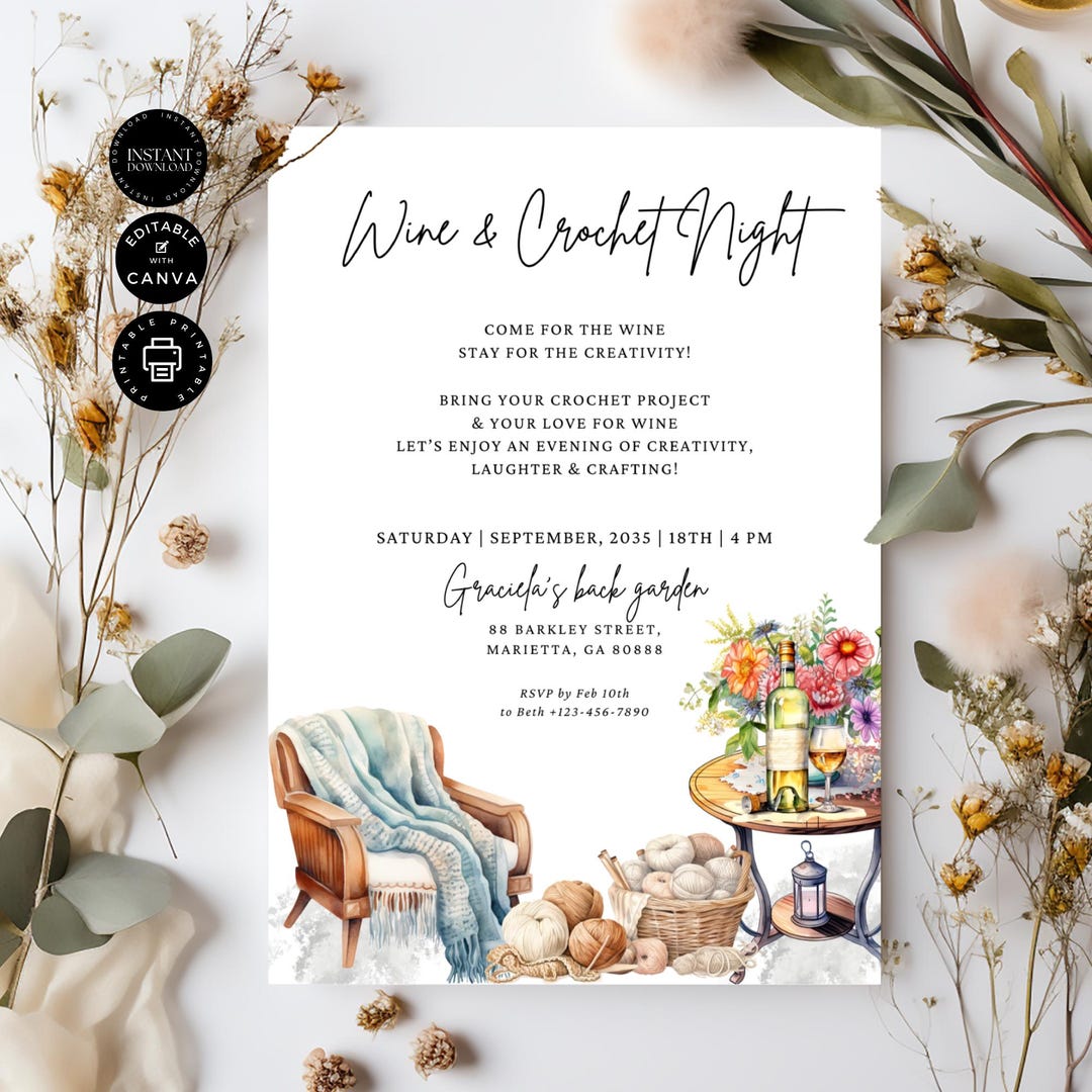 Wine and Crochet Night Party Invitation Template, Knit, Yarn, Red Wine ...