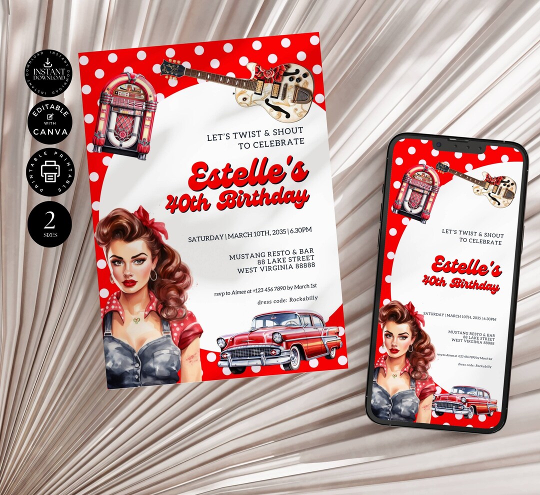 Modern Retro Rockabilly Birthday Party Invitation Template, 1950s Theme ...