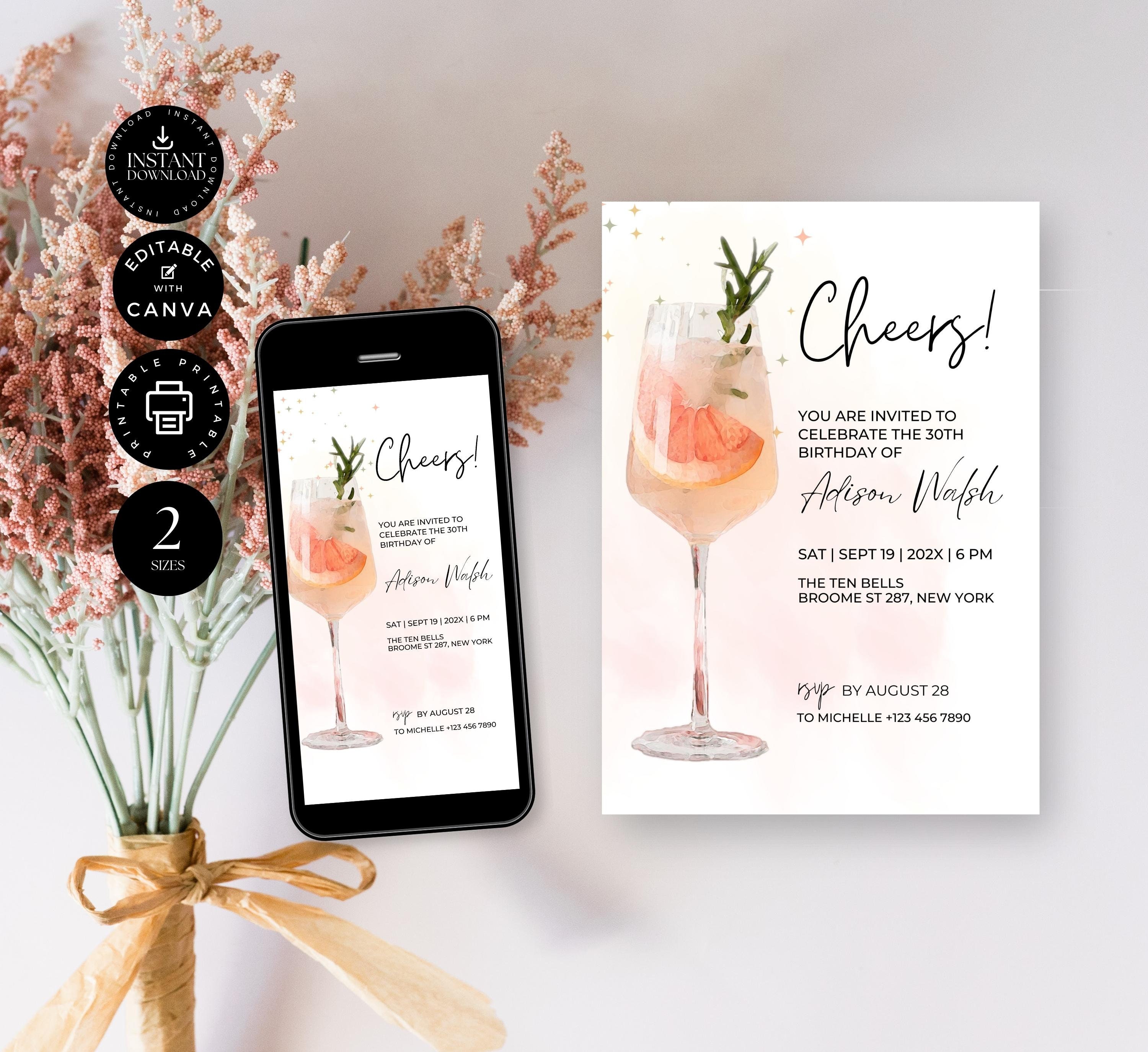 Modern Editable Cocktail Birthday Party Invitation, 30th Adult ...