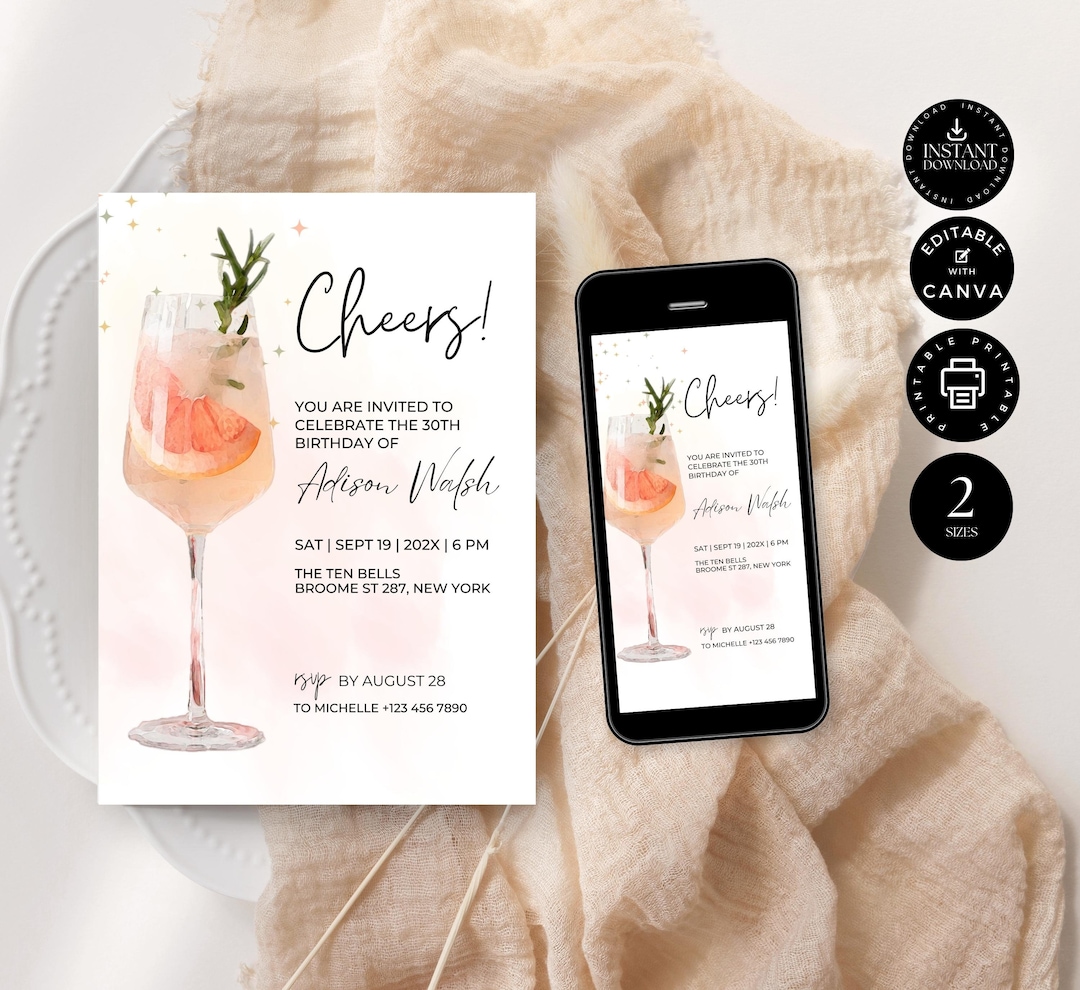 Modern Editable Cocktail Birthday Party Invitation, 30th Adult ...