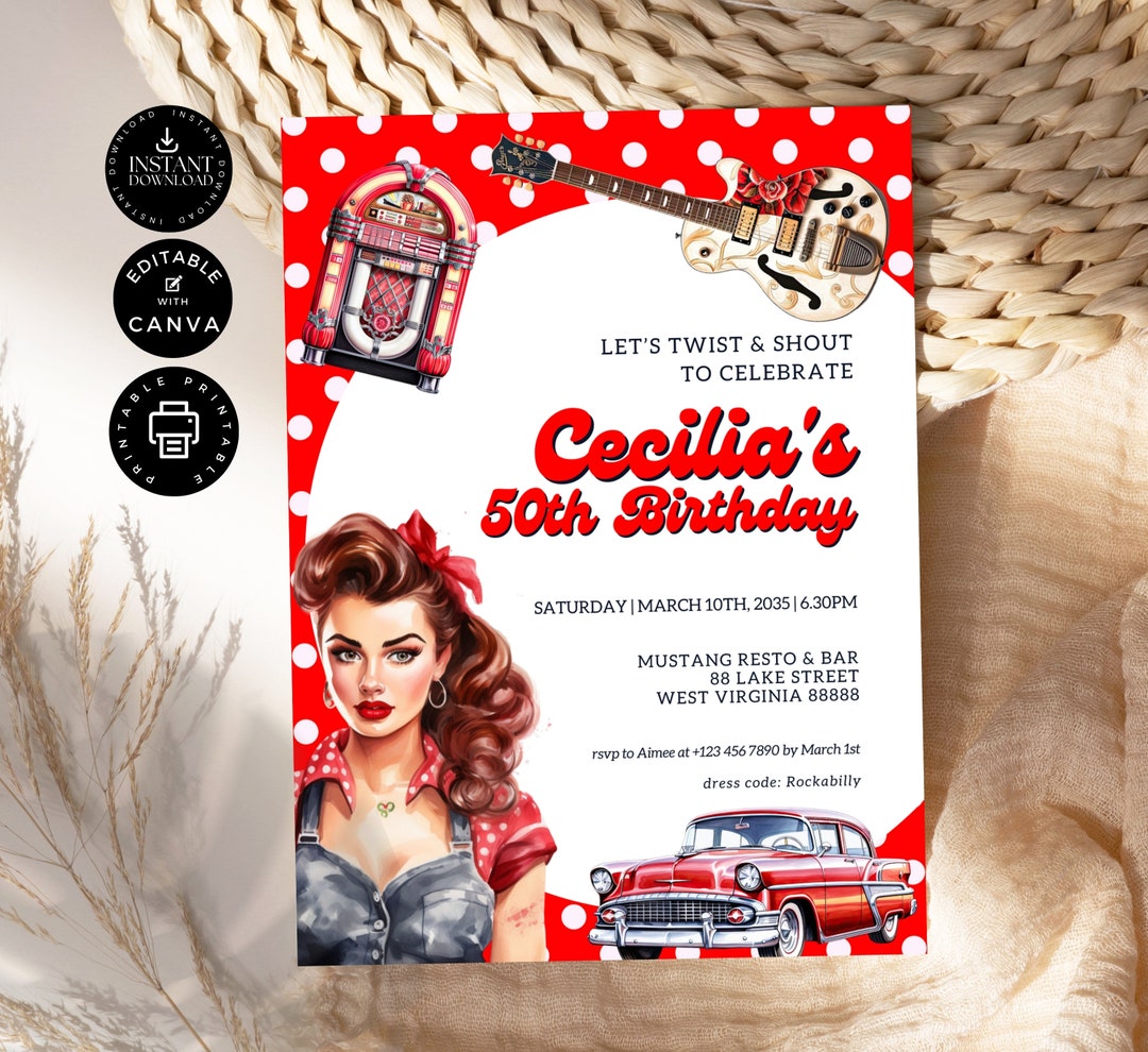 Modern Retro Rockabilly Birthday Party Invitation Template, 1950s Theme ...