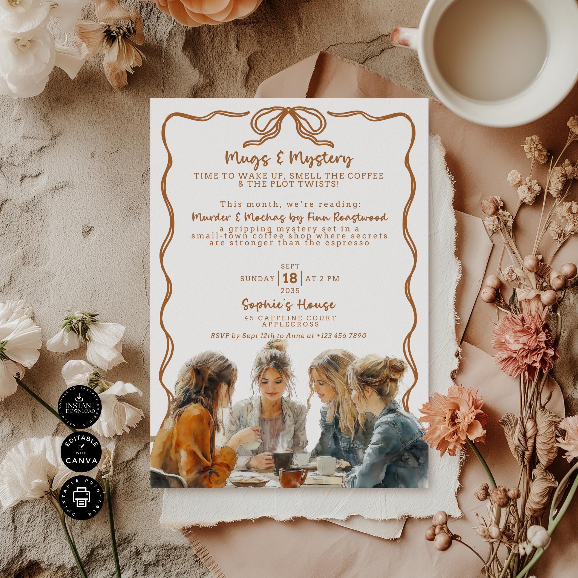 Book Club Meeting Invitation Template, Coffee Catch Up, Mystery Twist ...