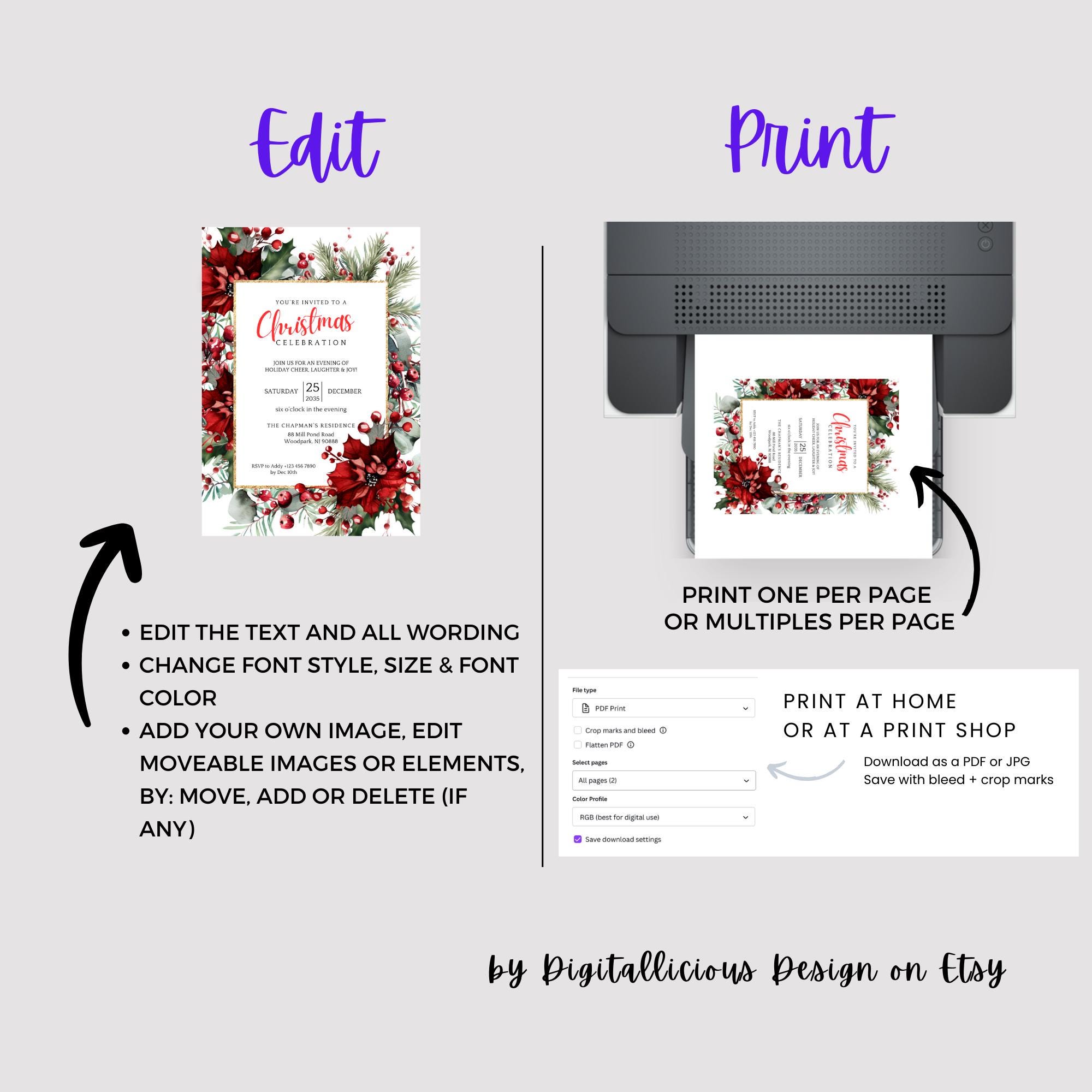Editable Christmas Party Invitation Template, Dinner Festive, Family ...