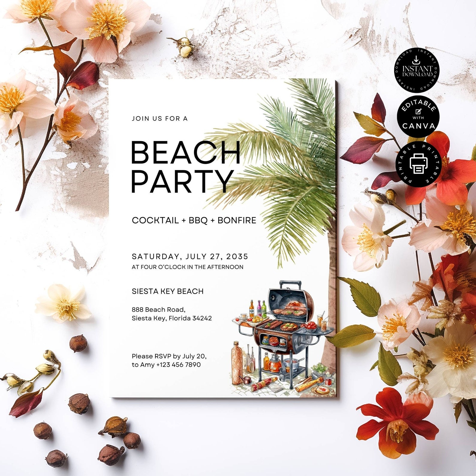 Beach Party Invitation Template, Gathering Party, Barbeque BBQ & Bon ...