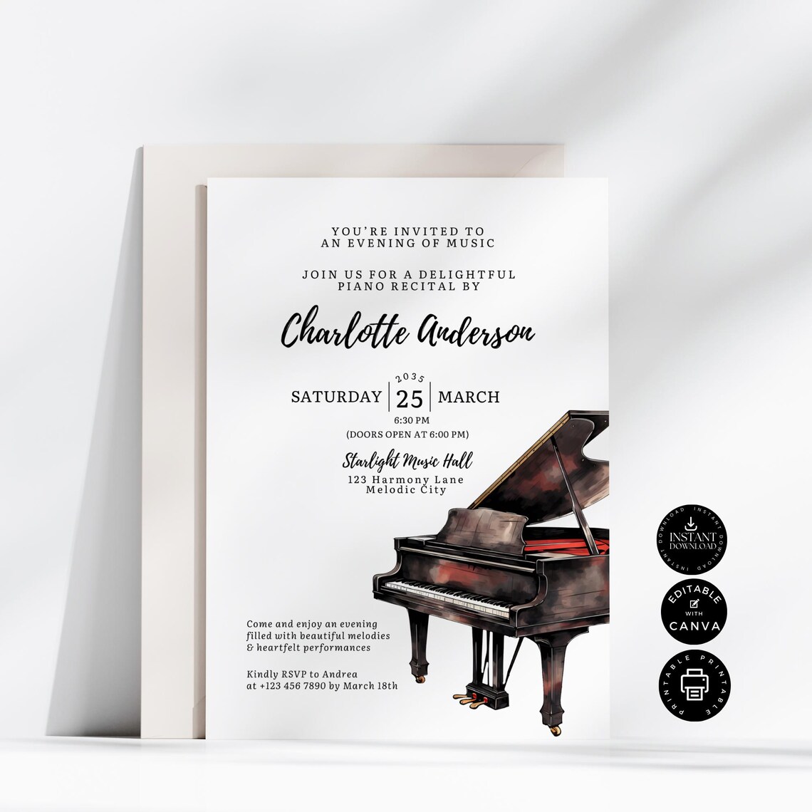 Elegant Piano Recital Invitation Template, Printable Musical Event ...