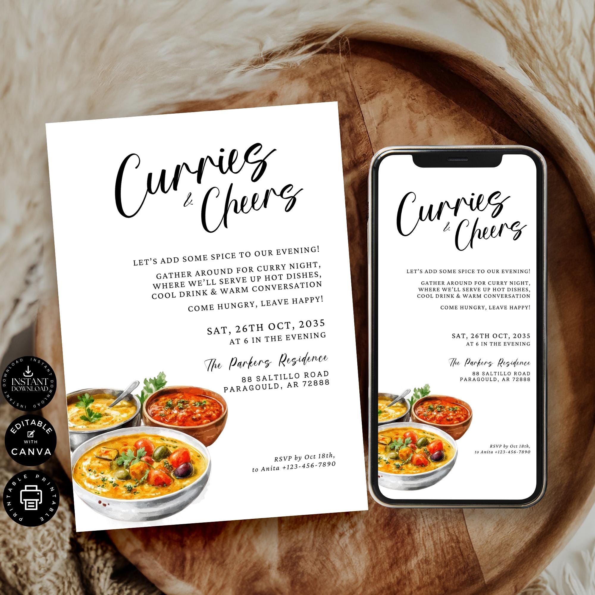 Curry Night Dinner Party Invitation Template, Curry and Cheers ...