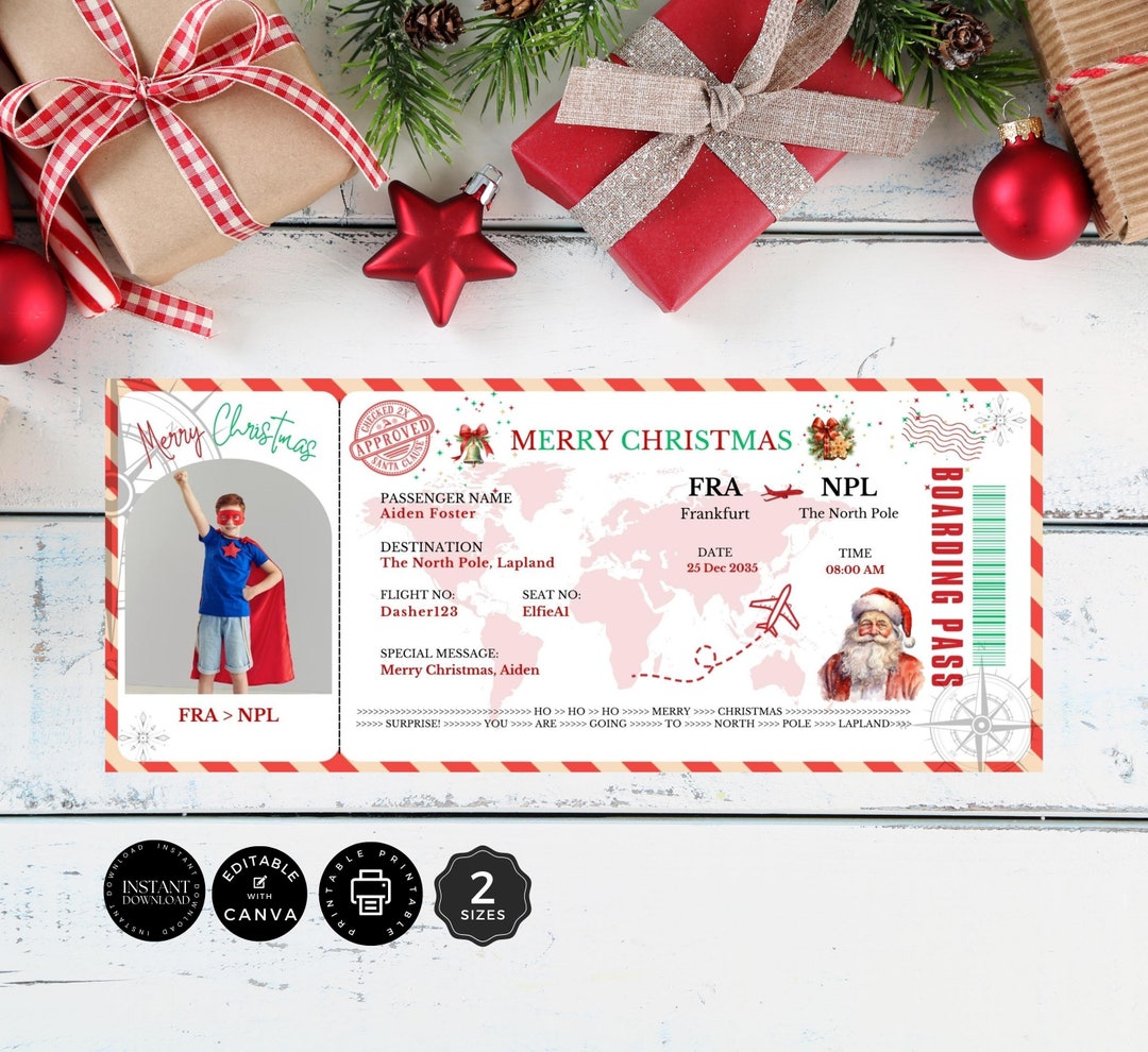 Christmas Boarding Pass, Christmas Gift for Kids, Printable Plane ...