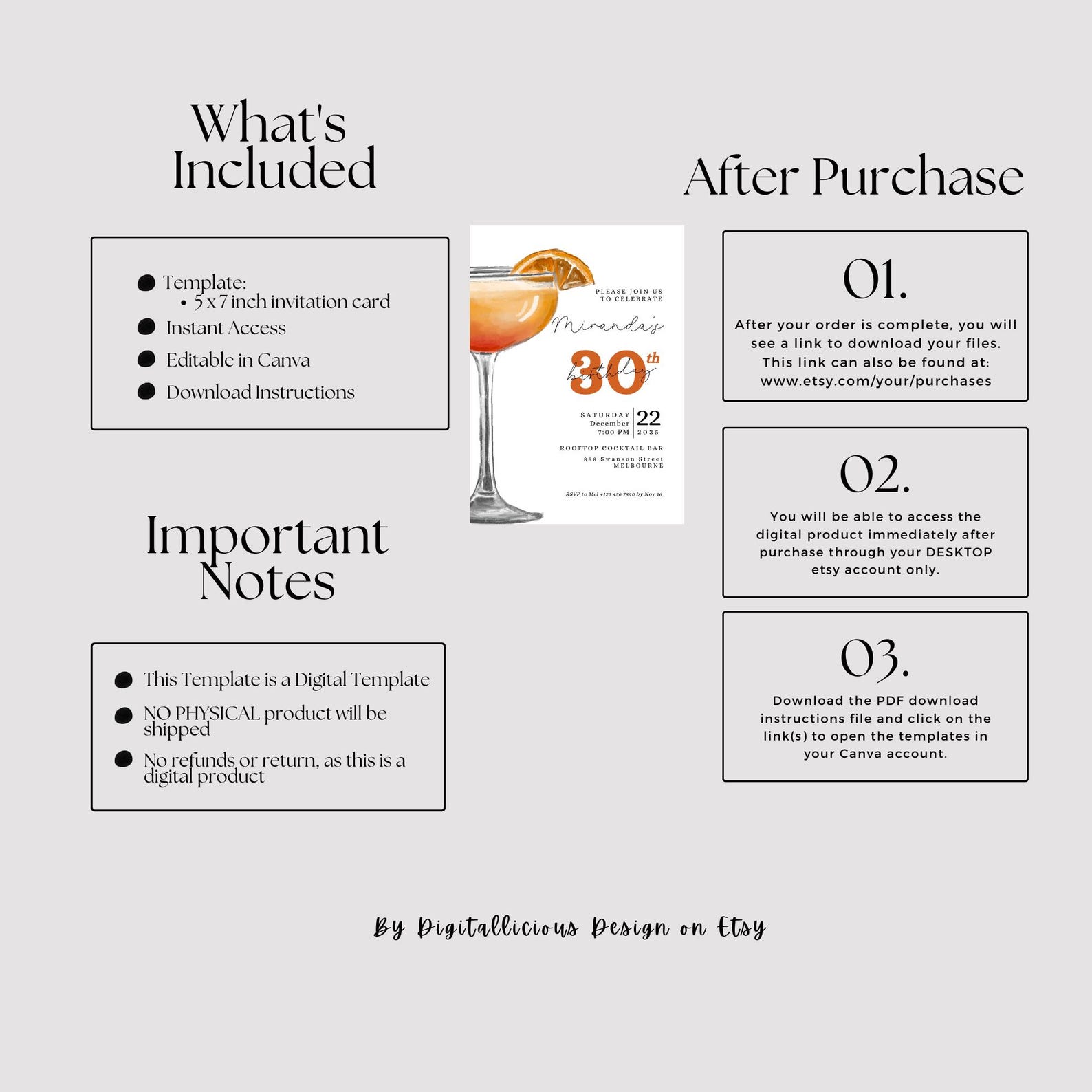 Modern Editable Cocktail Birthday Party Invitation, 30th Adult ...