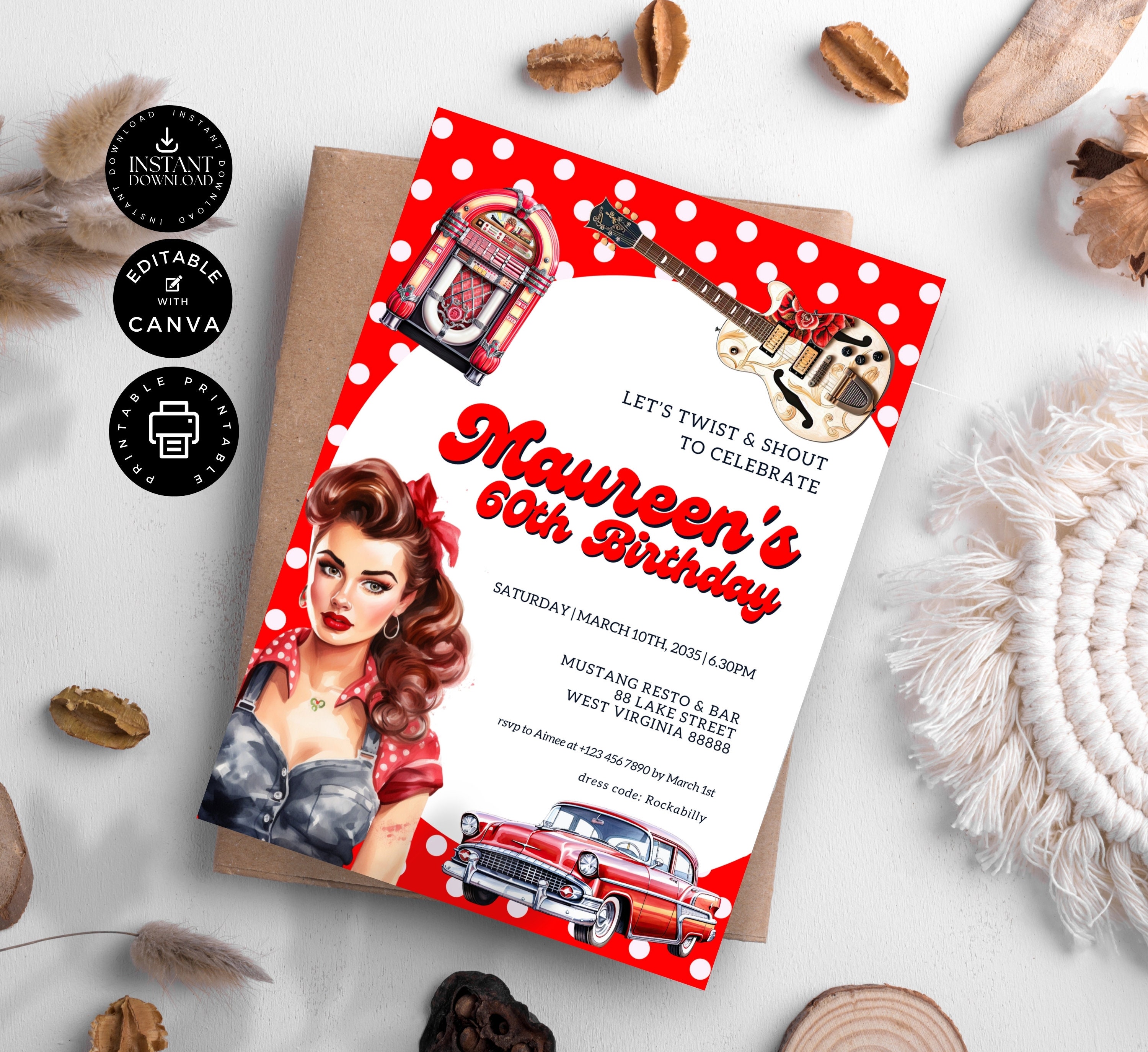 Modern Retro Rockabilly Birthday Party Invitation Template, 1950s Theme ...