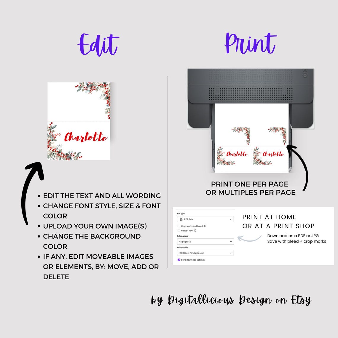 Editable Christmas Dinner Place Card Template, Holiday Brunch Party ...