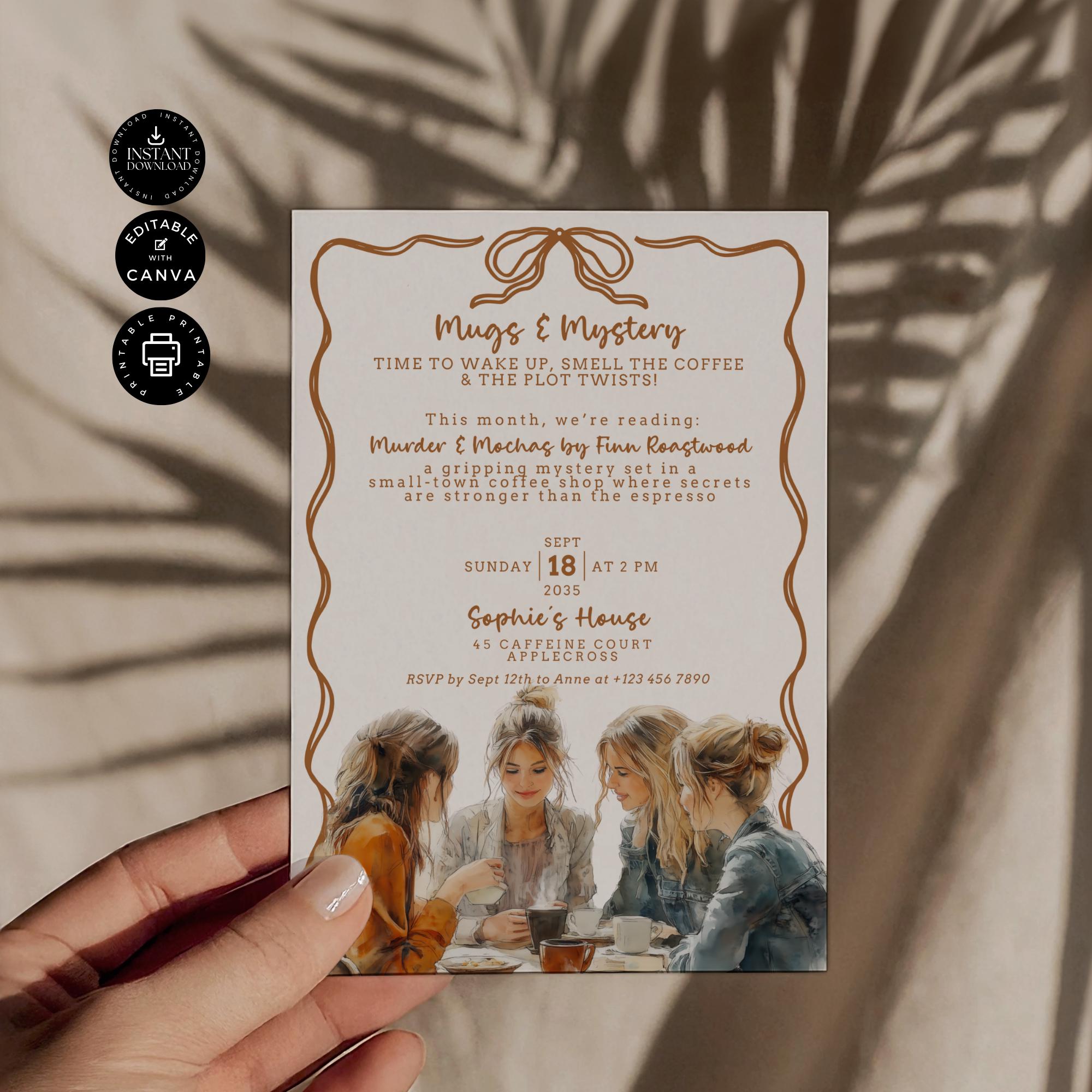 Book Club Meeting Invitation Template, Coffee Catch Up, Mystery Twist ...