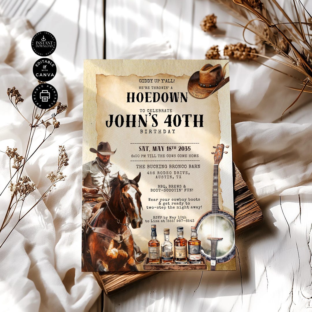Classic Hoedown 40th Birthday Invitation Template, Western Cowboy, BBQ ...