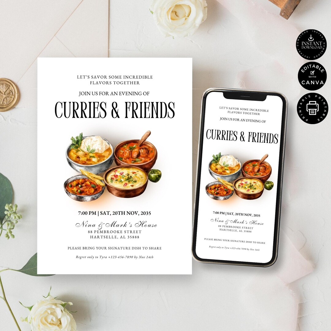 Curry Night Dinner Party Invitation Template, Curries and Friend ...