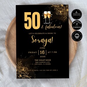 Modern Editable Champagne 50th Birthday Party Invitation, Cocktail ...