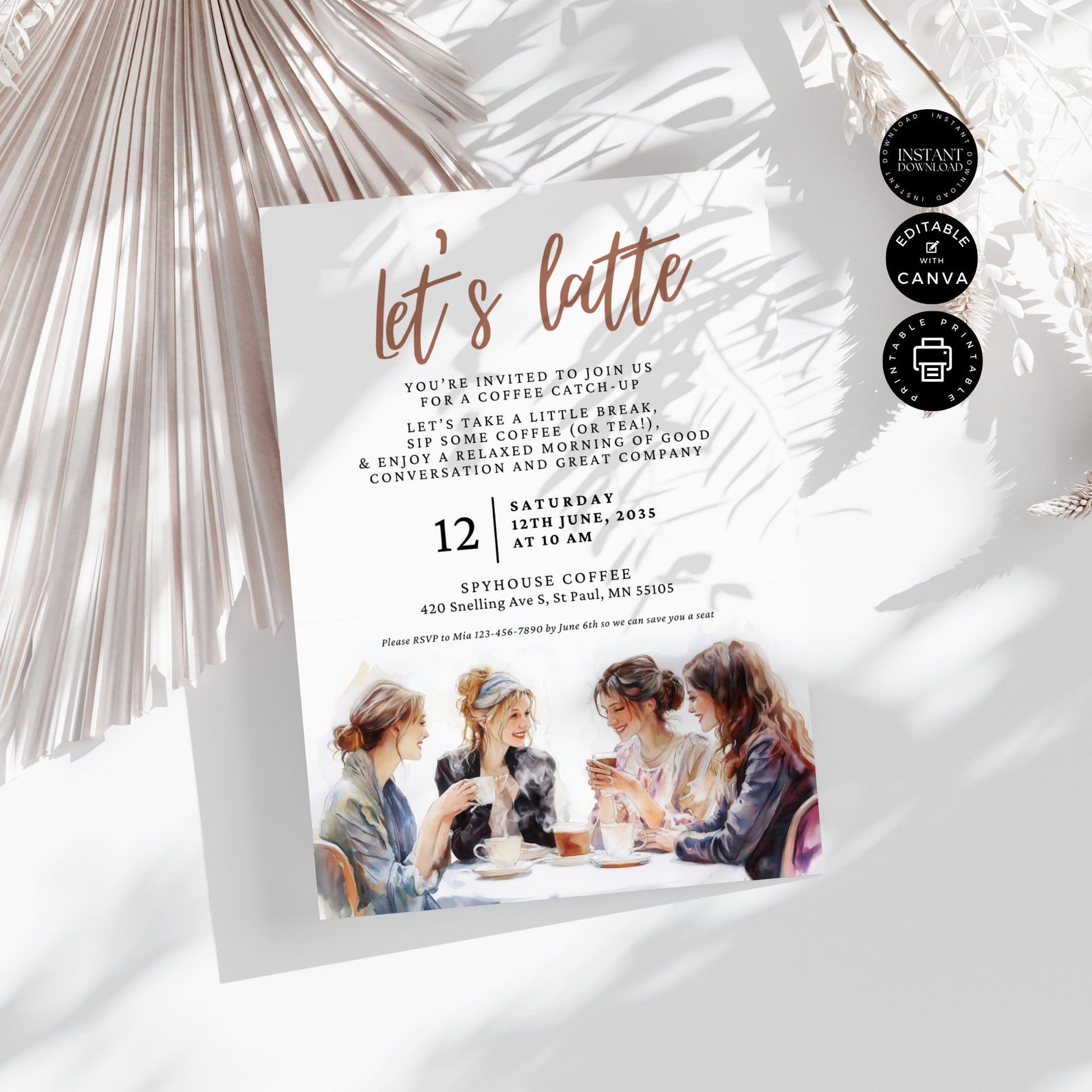 Ladies' Coffee Catch-up Invitation, Editable Girls Coffee Date Template ...