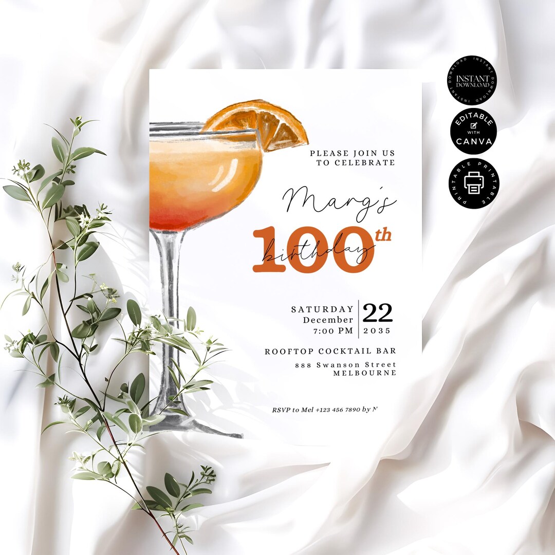 Modern Editable Cocktail Birthday Party Invitation, 100th Adult ...