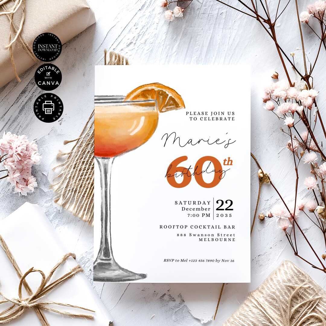 Modern Editable Cocktail Birthday Party Invitation, 60th Adult ...